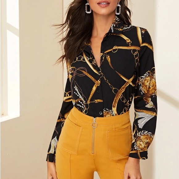 SHEIN | Tops | Black And Gold Chain Print Shirt | Poshmark